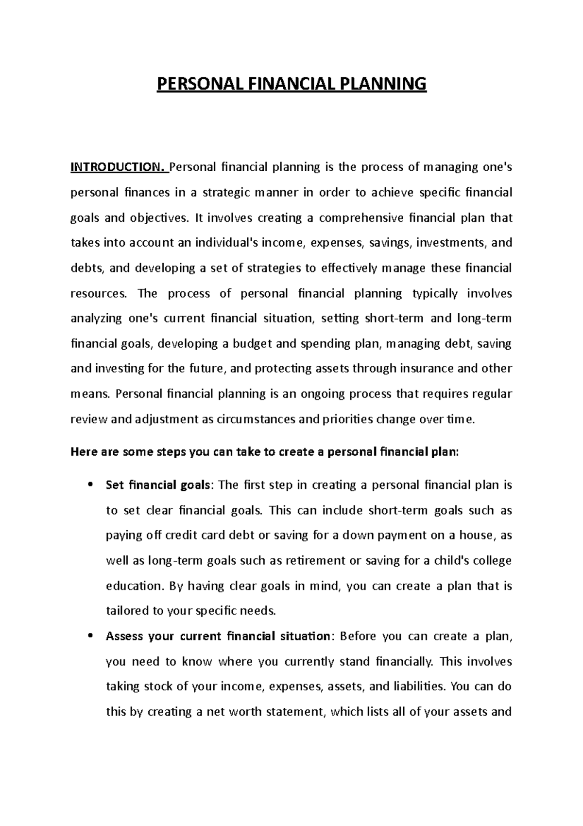 Personal Financial Planning - PERSONAL FINANCIAL PLANNING INTRODUCTION ...
