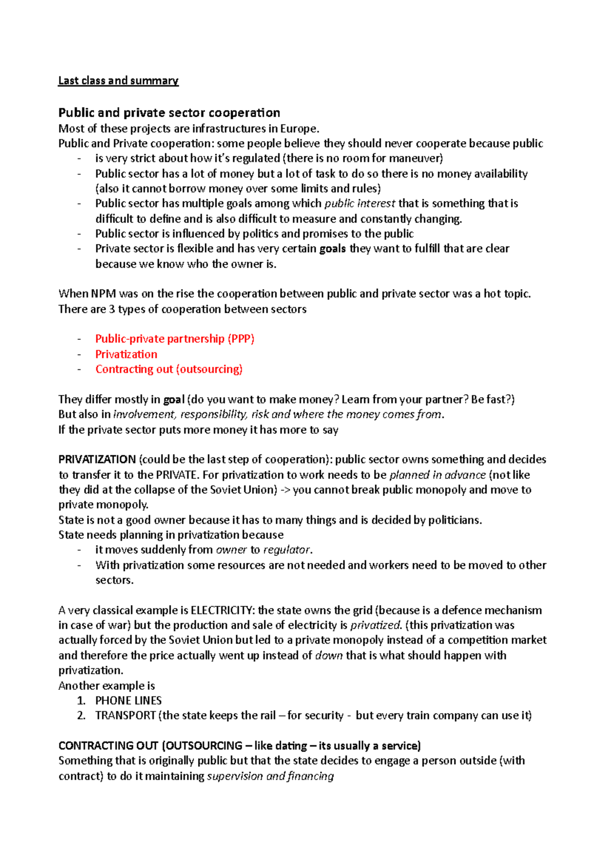 Summary of the course content (last lecture) - Last class and summary ...