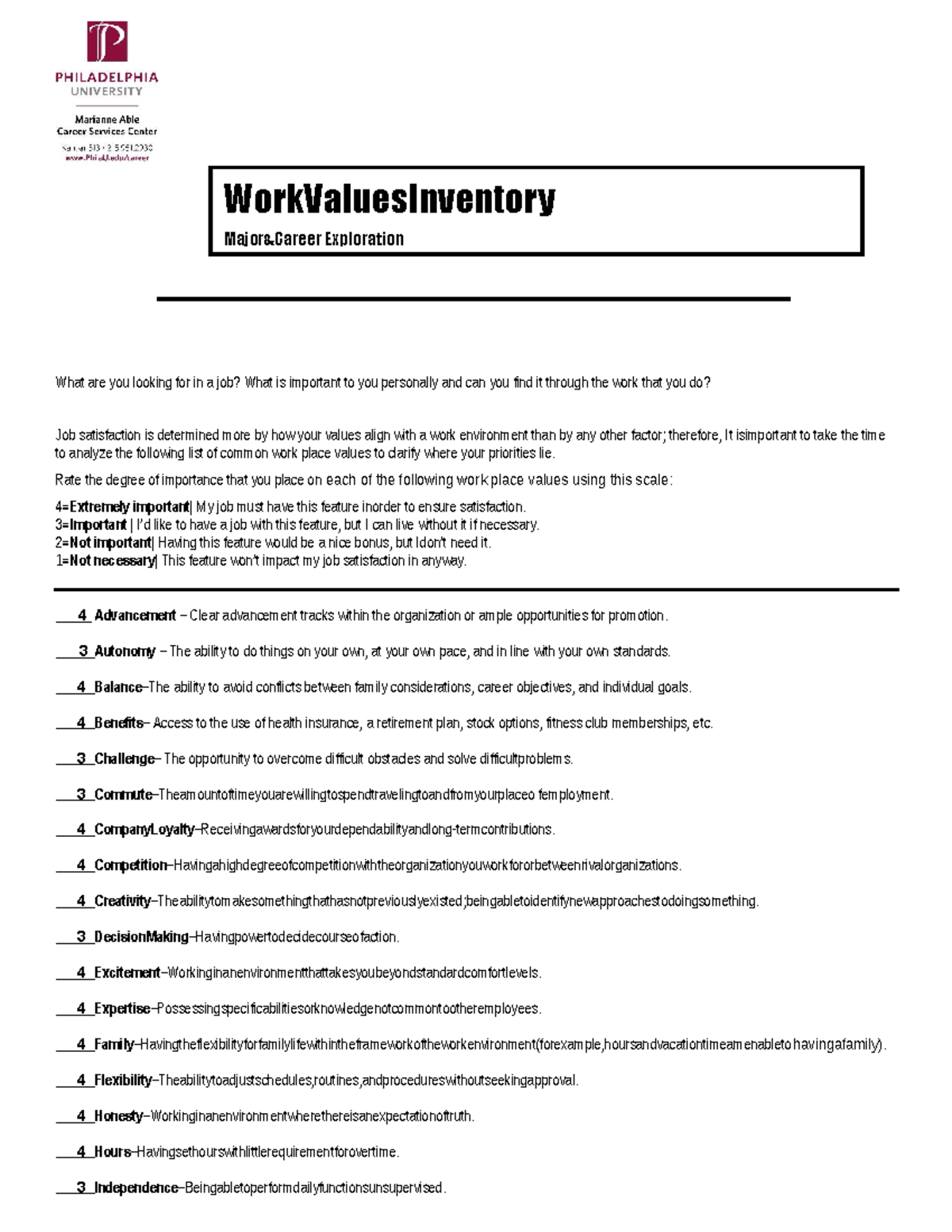 Self Assessment Work Values Inventory-1D - WorkValuesInventory Major&Career Exploration What are ...