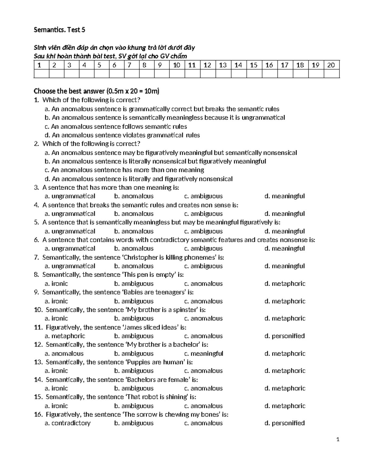 Semantics Test 5 - Semantics. Test 5 Sinh viên điền đáp án chọn vào ...