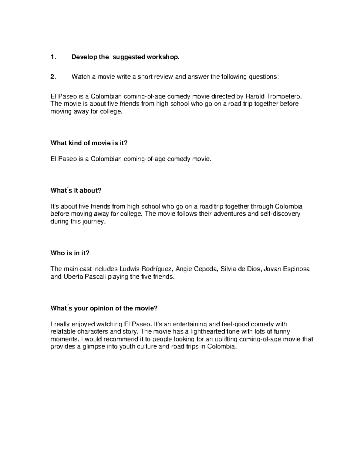 Recovery 2 10th grade - Develop the suggested workshop. Watch a movie ...