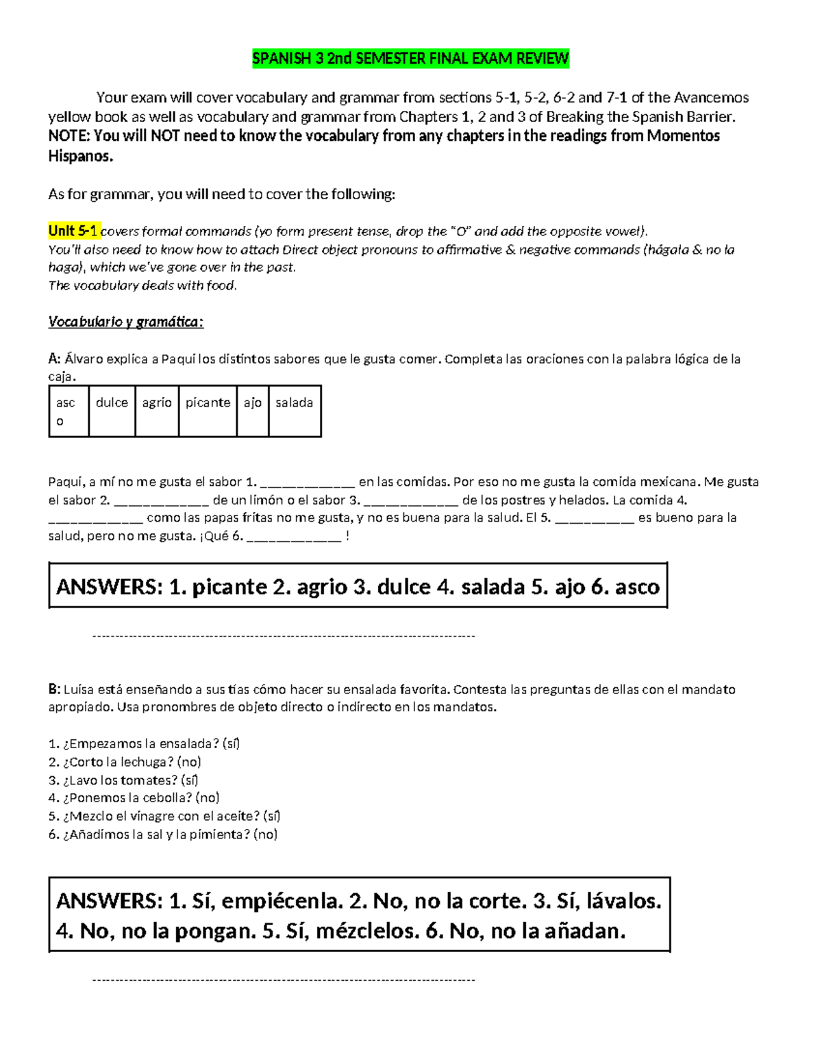 Sp 3 Final EXAM Review Practice Answers - SPANISH 3 2nd SEMESTER FINAL ...