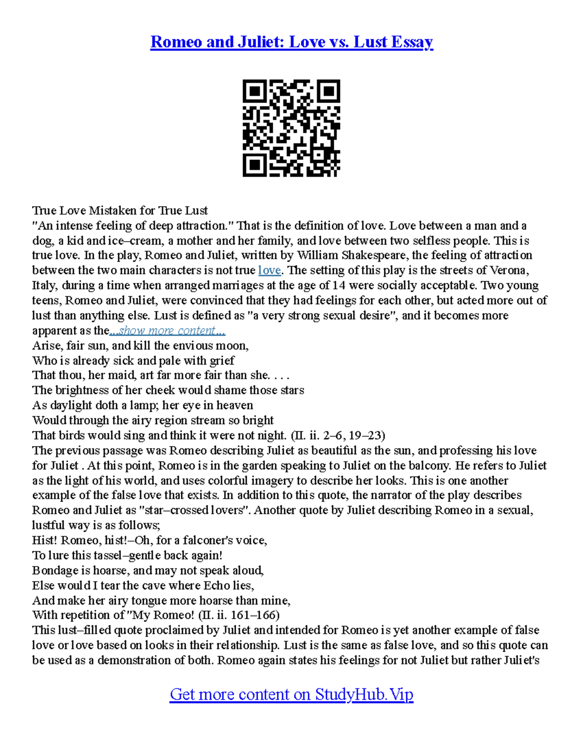 Essays About Romeo And Juliet - Romeo and Juliet: Love vs. Lust Essay ...