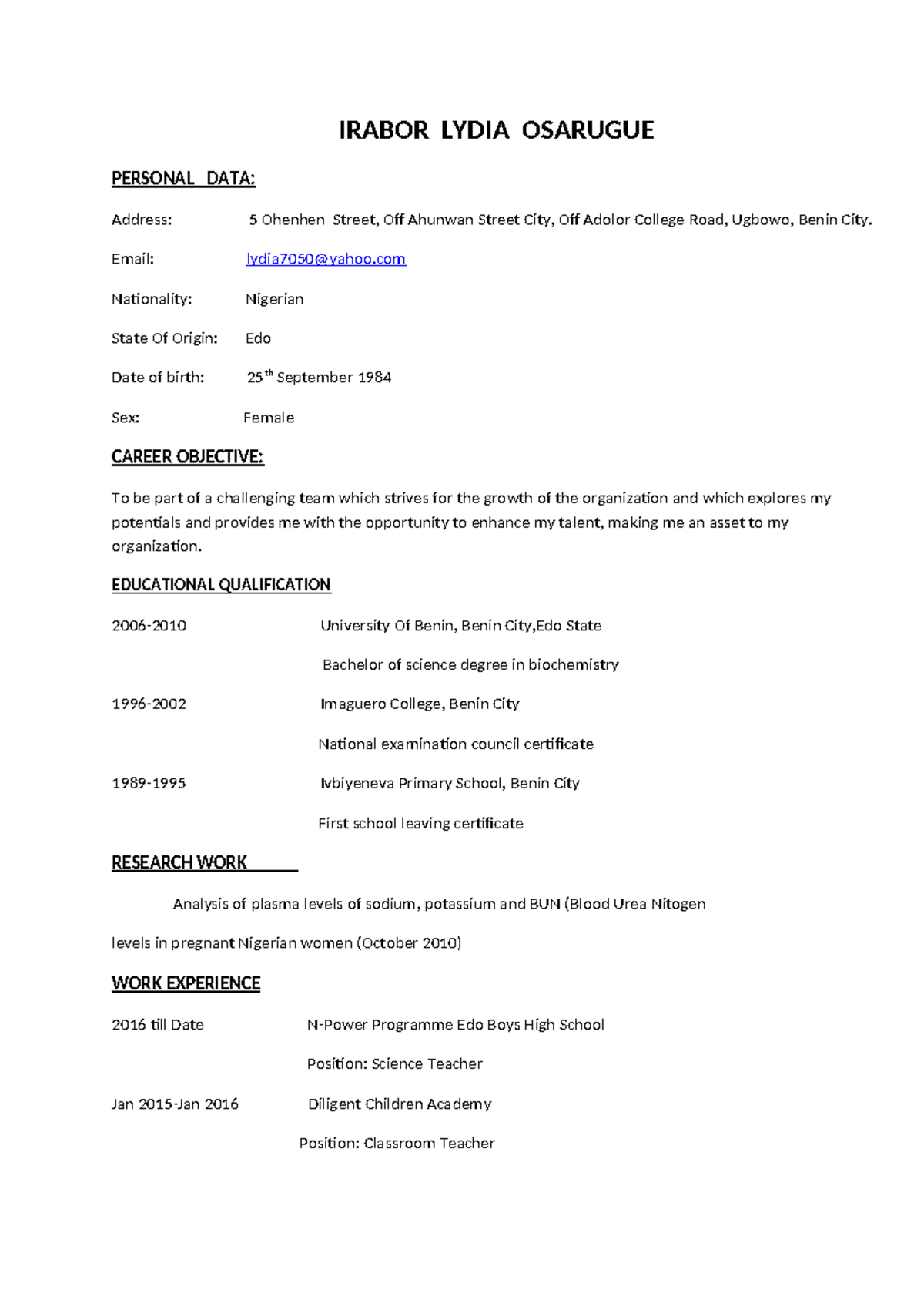 Irabor Lydia Osarugue cv - IRABOR LYDIA OSARUGUE PERSONAL DATA: Address ...