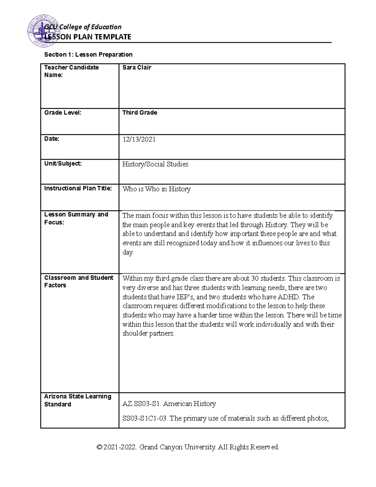 Clair. Sara World History Lesson Plan - LESSON PLAN TEMPLATE Section 1 ...