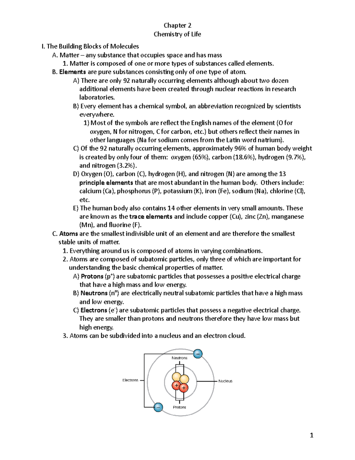 Chapter 2 Notes - Chemistry of Life I. The Building Blocks of Molecules ...