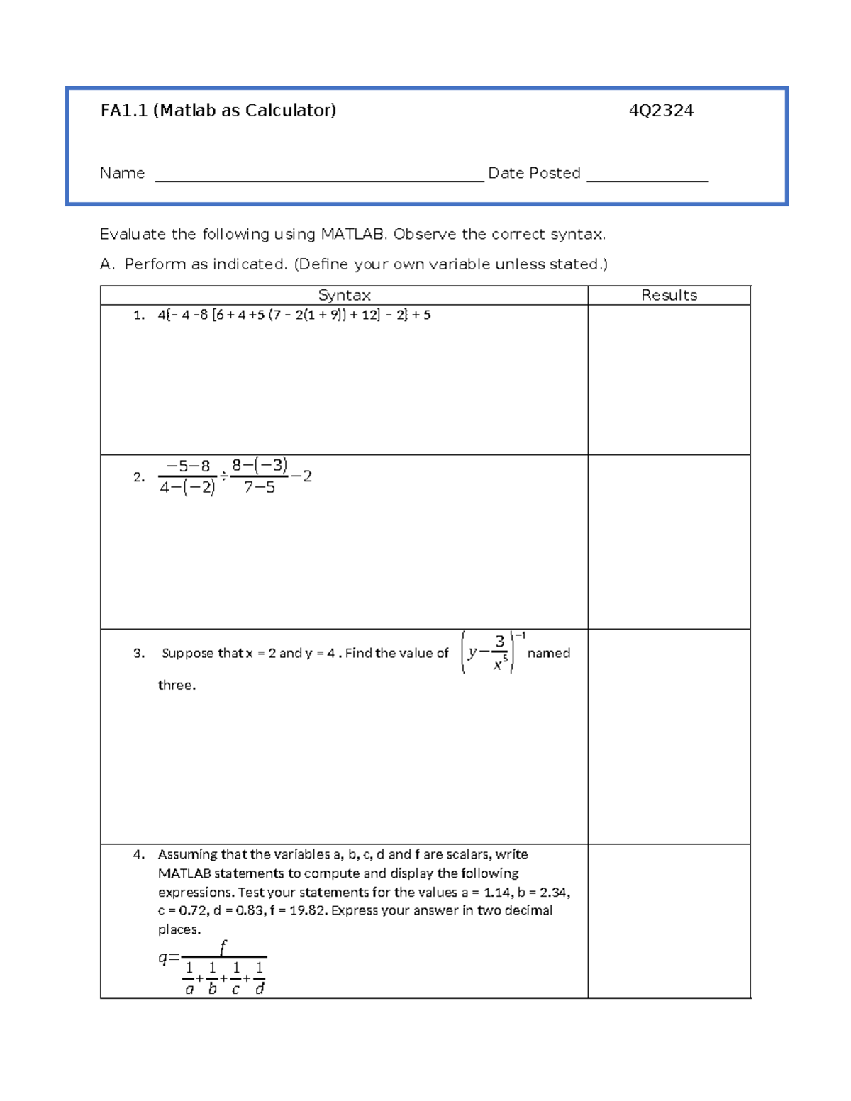 FA1.1(M1 LAB 4Q2324 ) A77 - FA1 (Matlab as Calculator) 4Q Name - Studocu