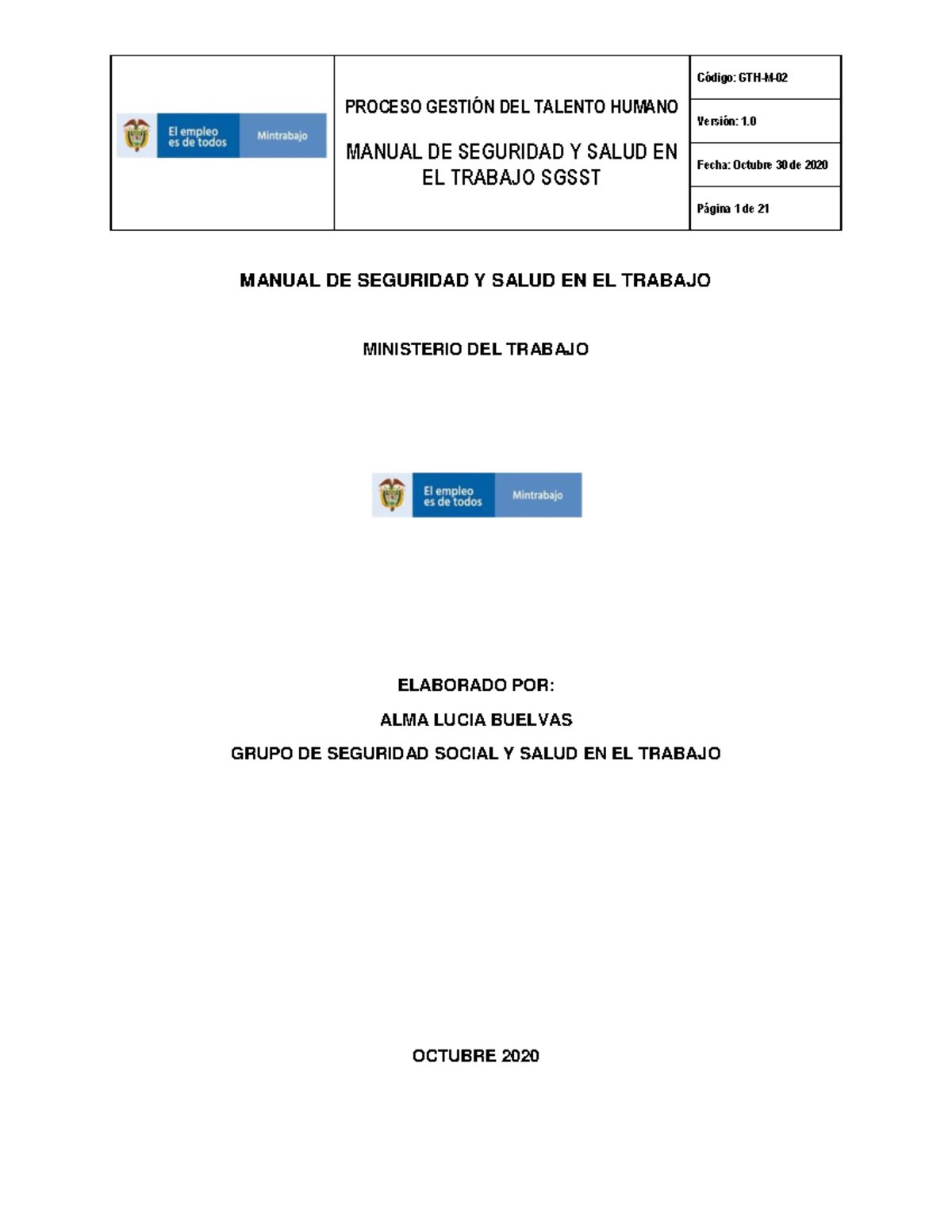 Manual de Seguridad y Salud en el Trabajo Sgsst - PROCESO GESTIÓN DEL ...