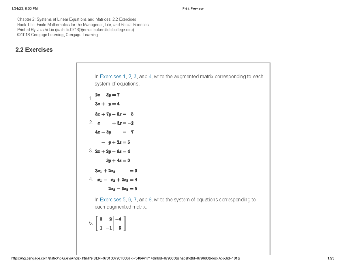 2.2 hw - aaa - Chapter 2: Systems of Linear Equations and Matrices: 2 ...