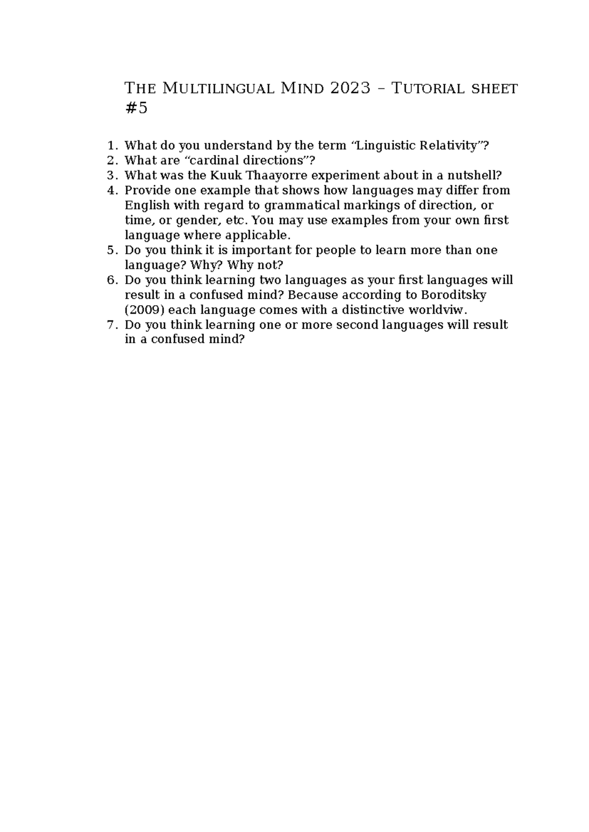 Tutorial Questions 5 - None - THE MULTILINGUAL MIND 2023 – TUTORIAL ...