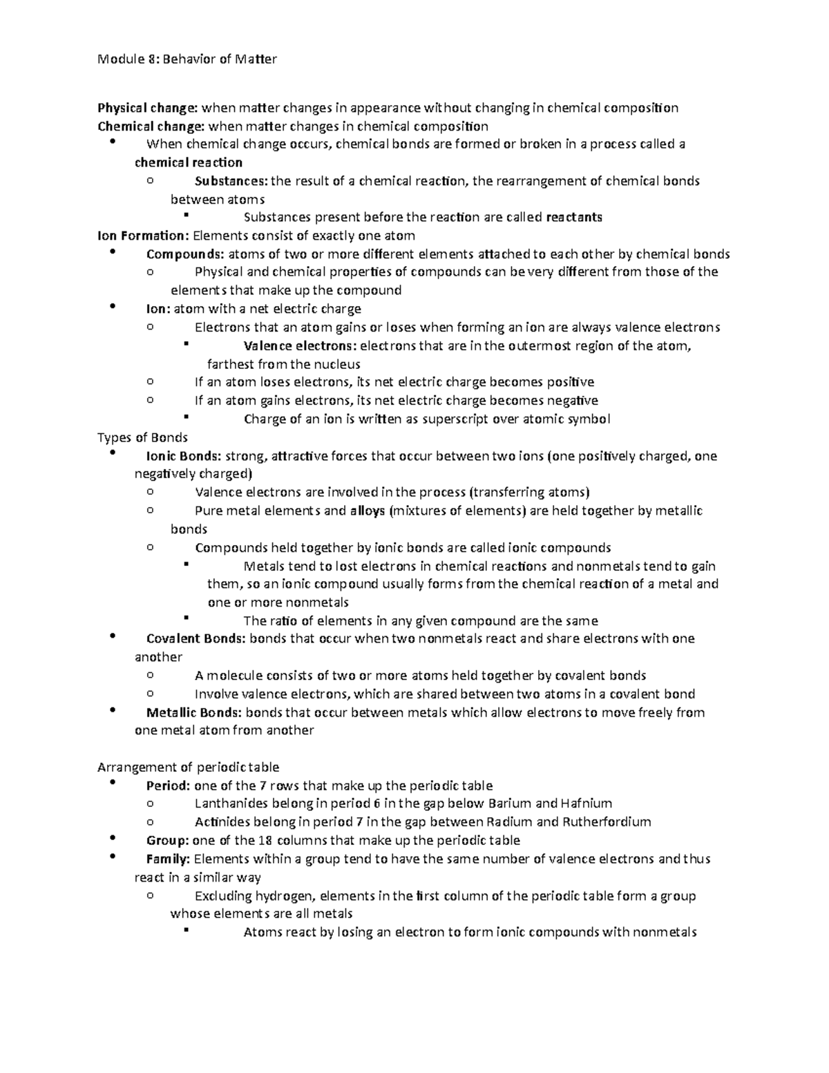 Module 8 - Covers the behavior of matter, including changes matter can ...