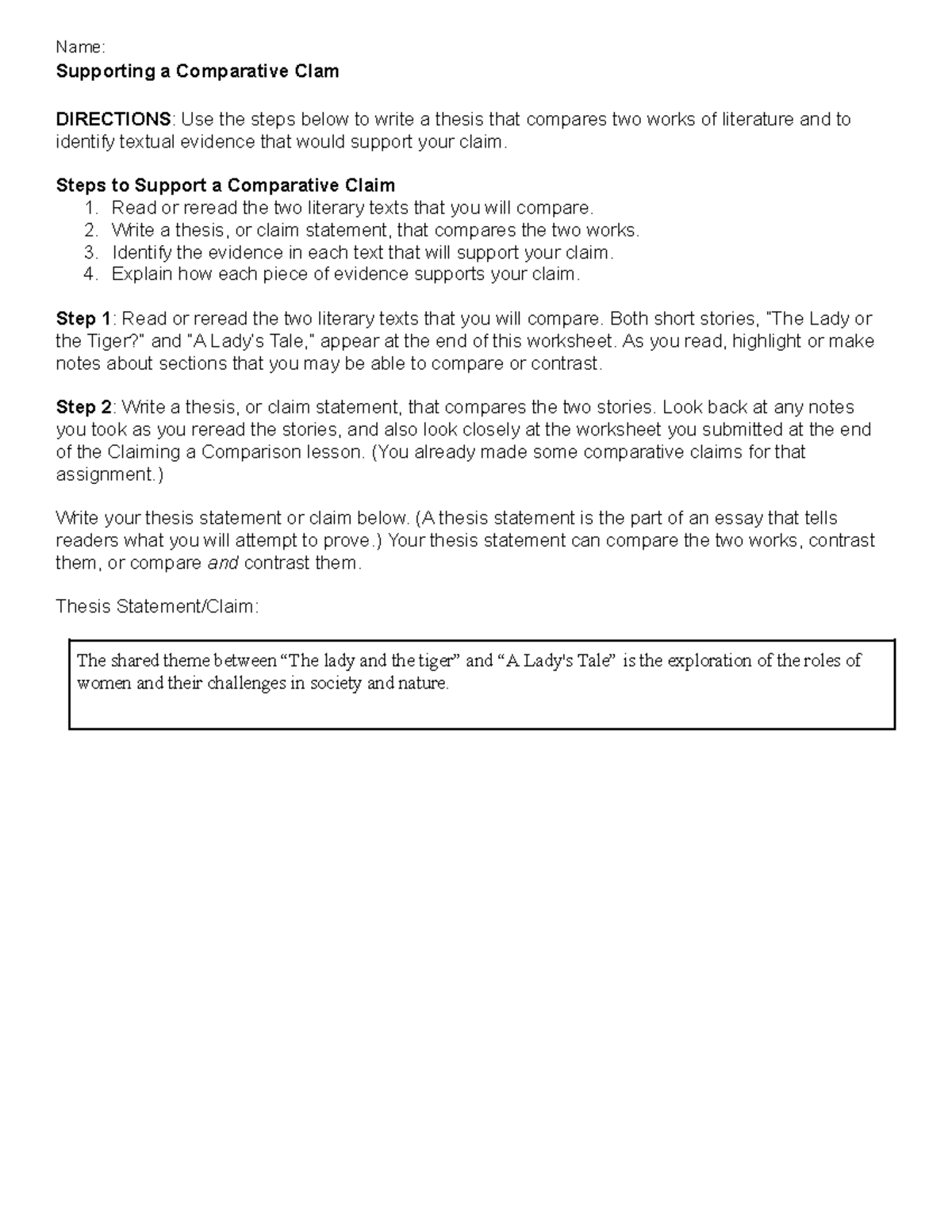 Copy of English 10B - Supporting a Comparative Claim - Supporting a ...