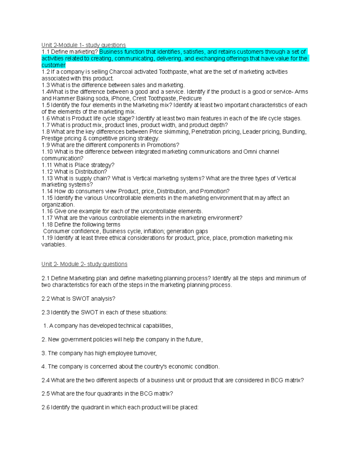 Unit 2 - Notes - Unit 2-Module 1- study questions 1 Define marketing ...