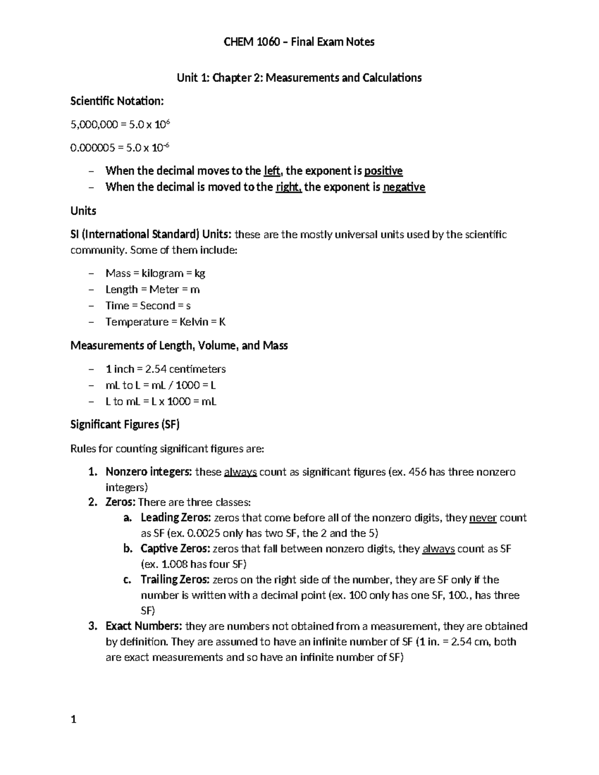 Final Exam Notes - CHEM 1060 - Unit 1: Chapter 2: Measurements and ...
