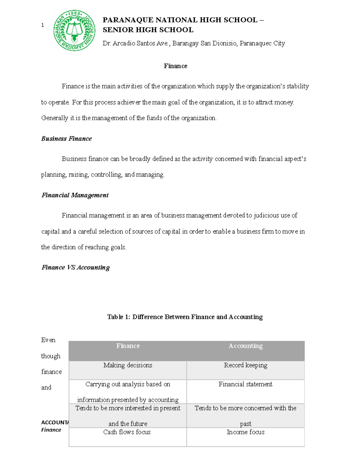 Finance - Lecture Notes for Topic 1 - 1 Finance Finance is the main ...