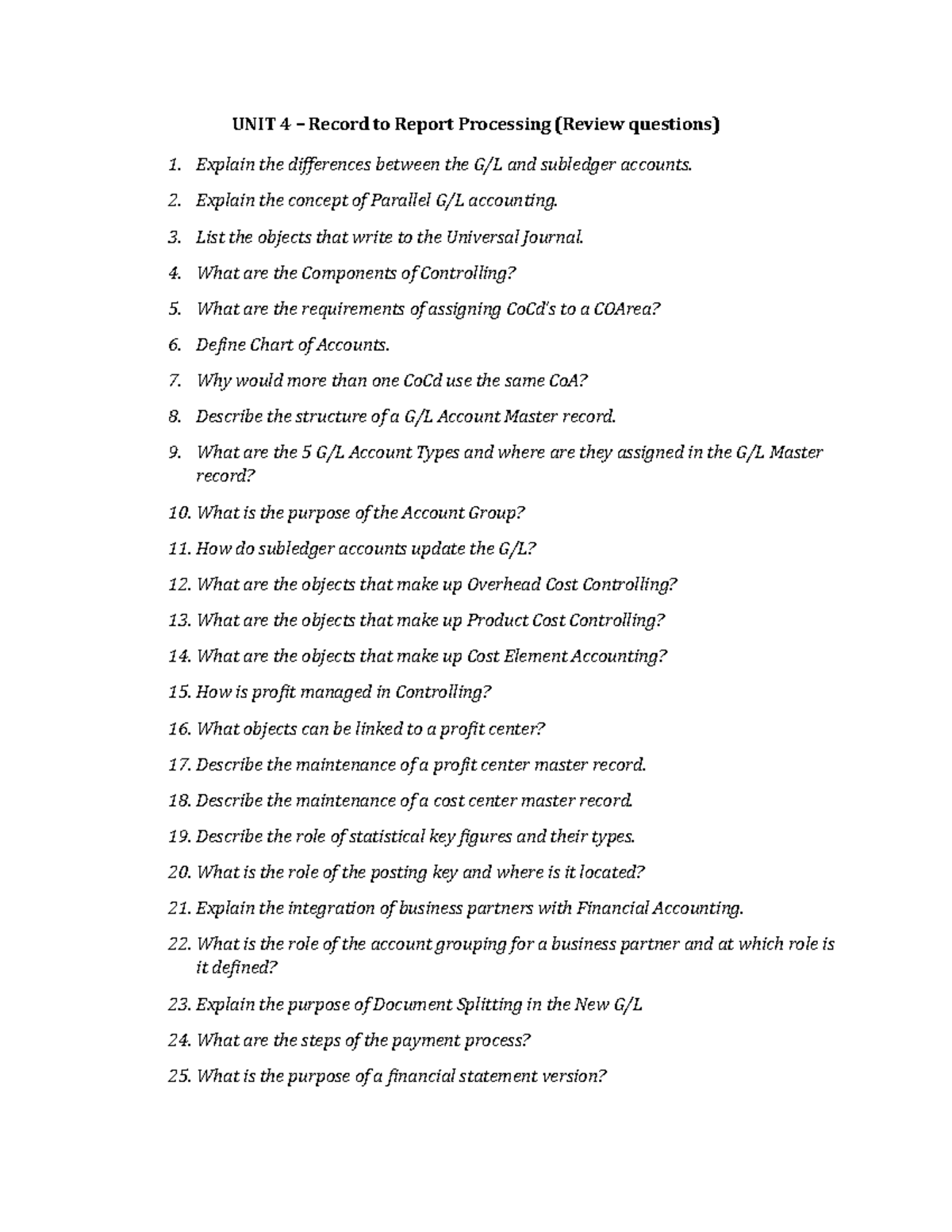 Review questions - SAP - UNIT 4 – Record to Report Processing (Review ...