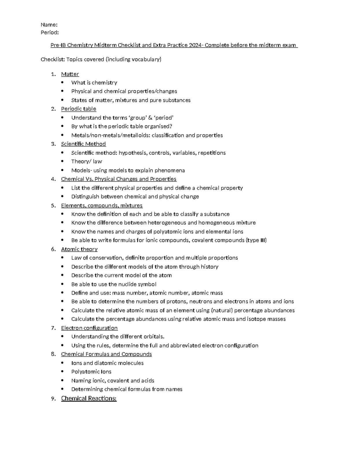 Pre-IB Chemistry Midterm Checklist and Study Guide 2024 1 ...