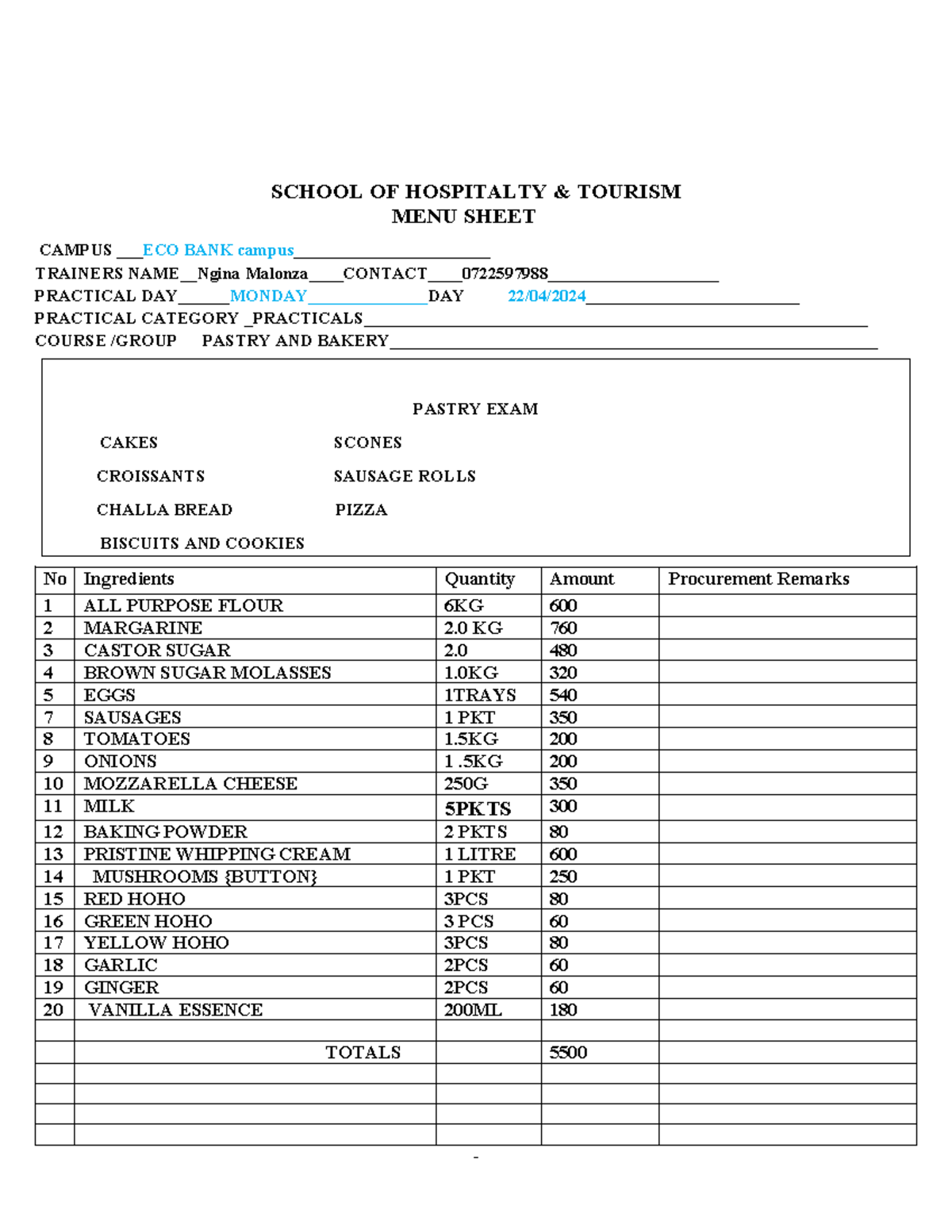 Pastry EXAM Requisition April 2024 Ngina Malonza - SCHOOL OF HOSPITALTY ...