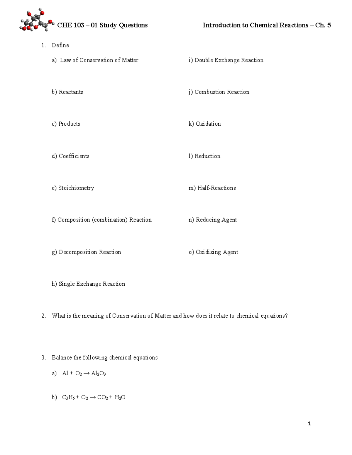 5 - Introduction to Chemical Reactions - CHE 103 – 01 Study Questions ...