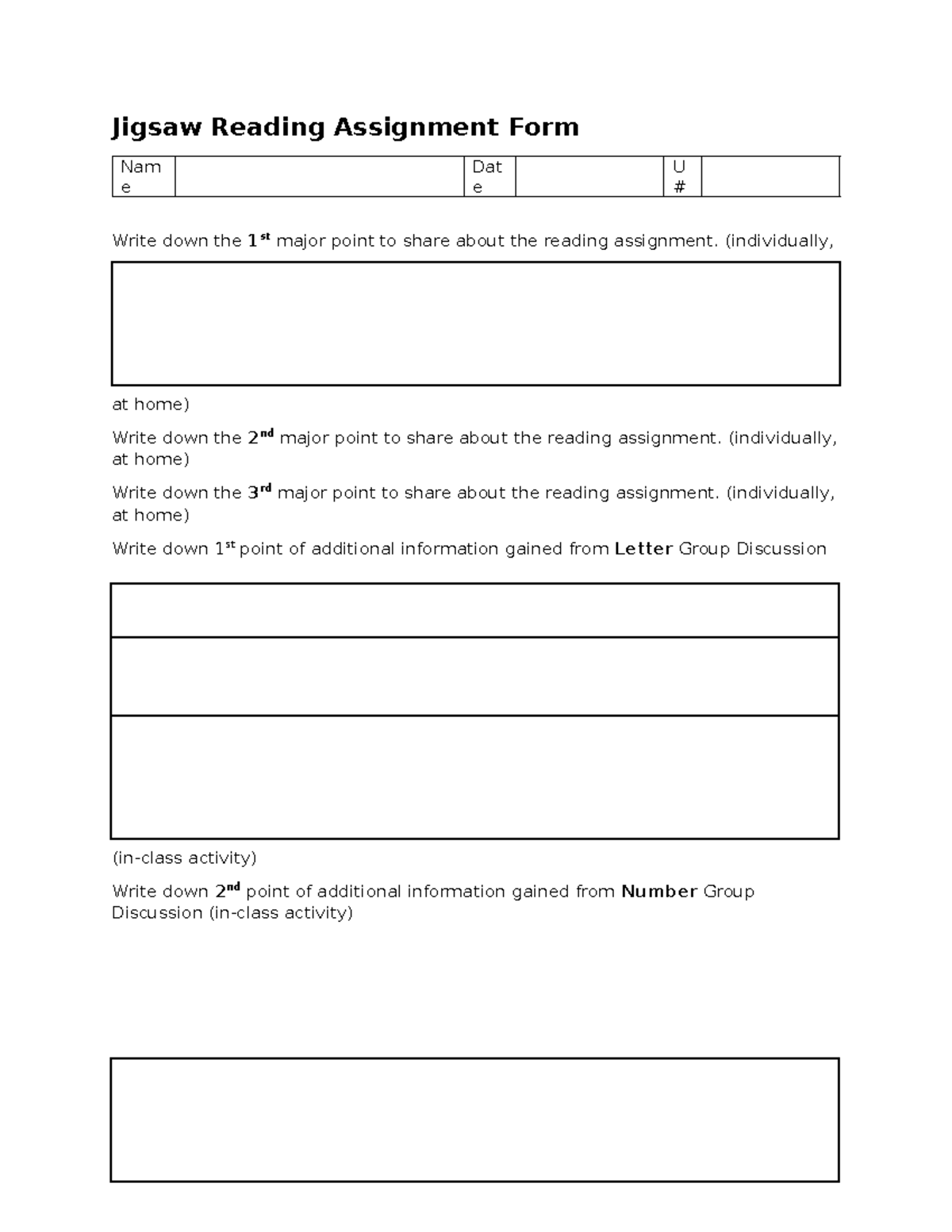 Jigsaw Assignment Template - Jigsaw Reading Assignment Form Nam e Dat e ...