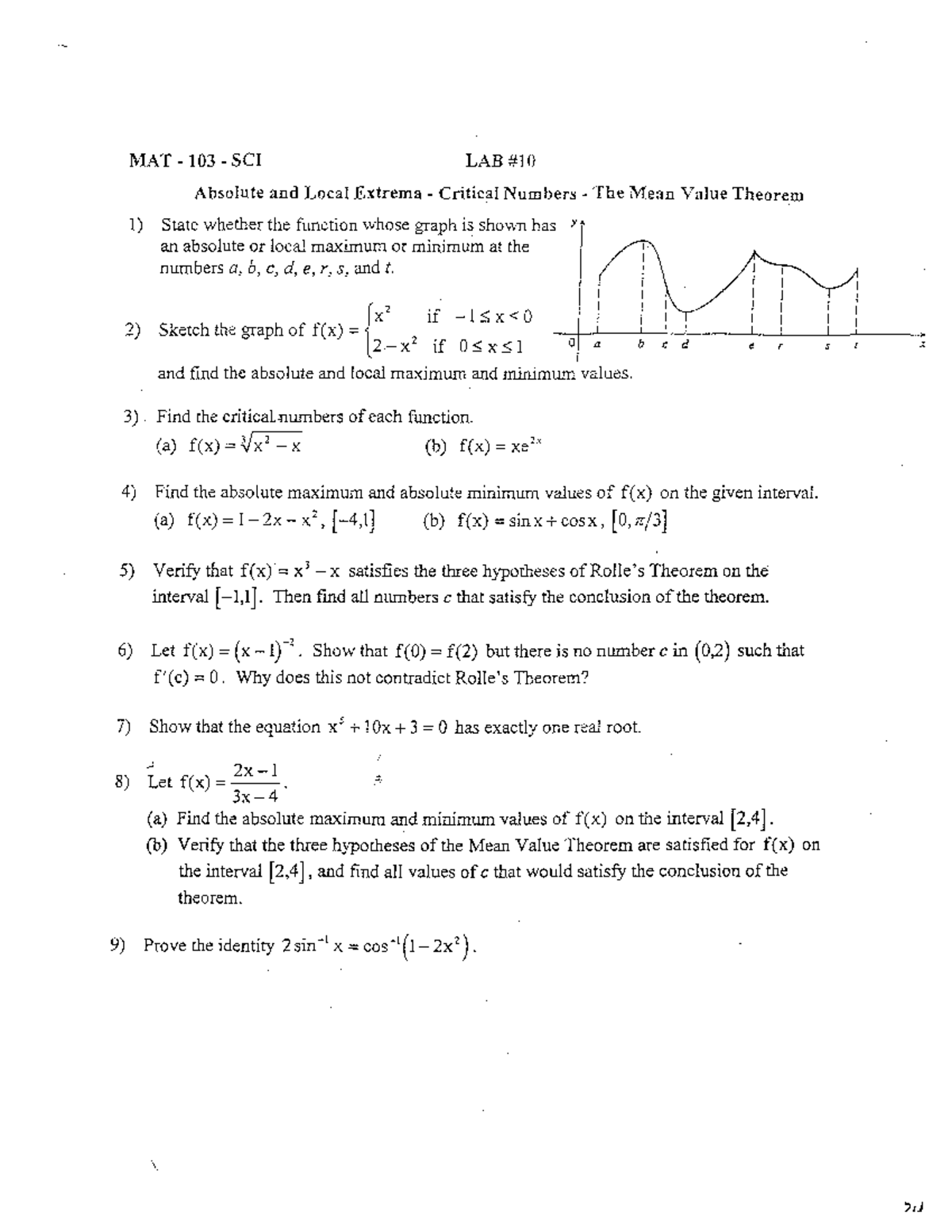 LAB#10 Absolute and Local Extrema - Critical Numbers - The Mean Value ...
