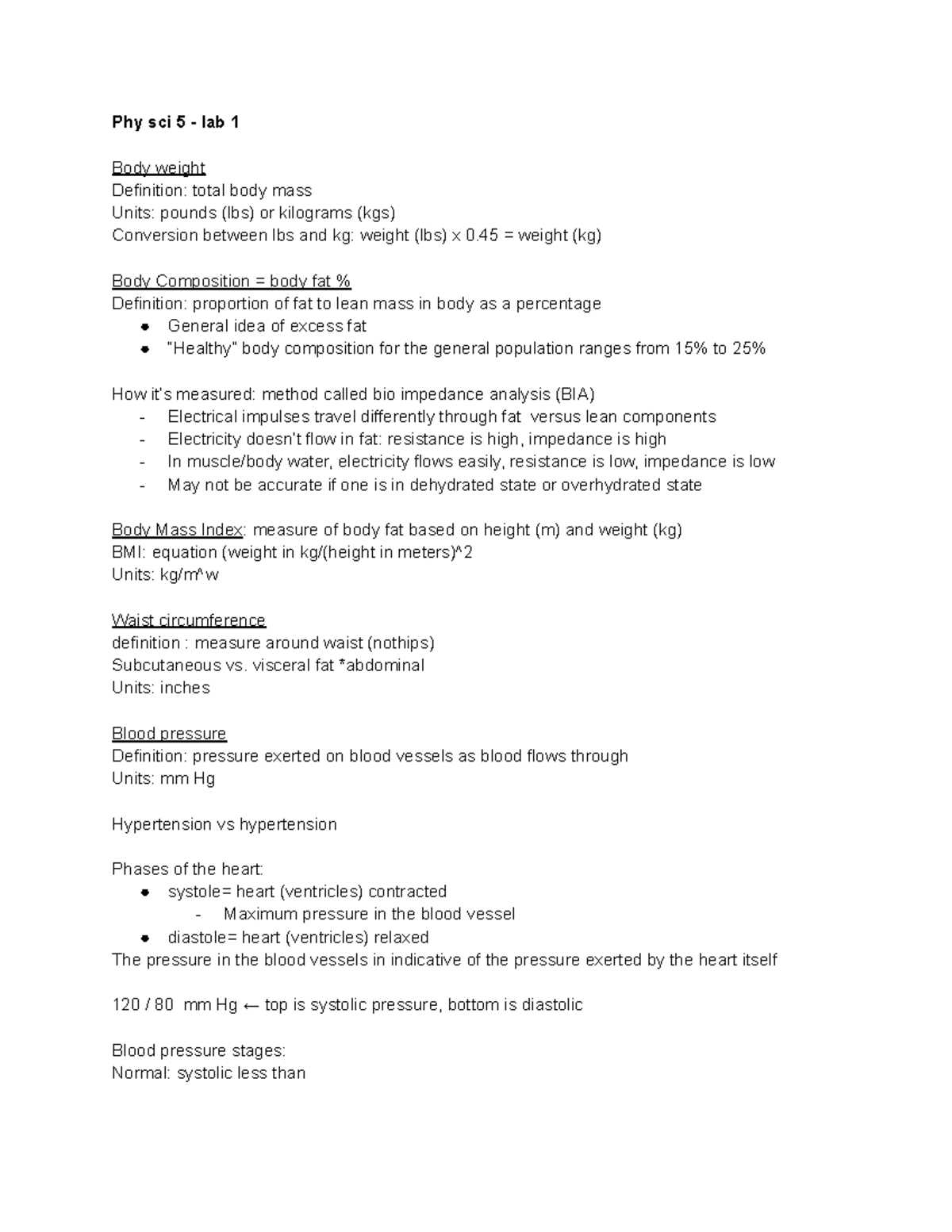 Physci 5 - Lab 1 - Phy sci 5 - lab 1 Body weight Definition: total body ...