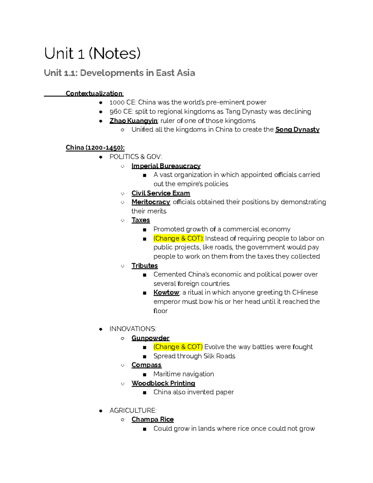 APWH (Period 1 1200-1450) - Unit 1 (Notes) Unit 1: Developments in East ...