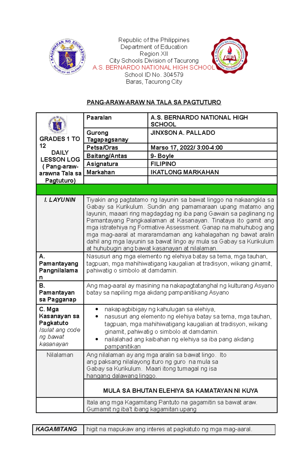 Daily Lesson Plan - Lecture notes 1 - Republic of the Philippines ...