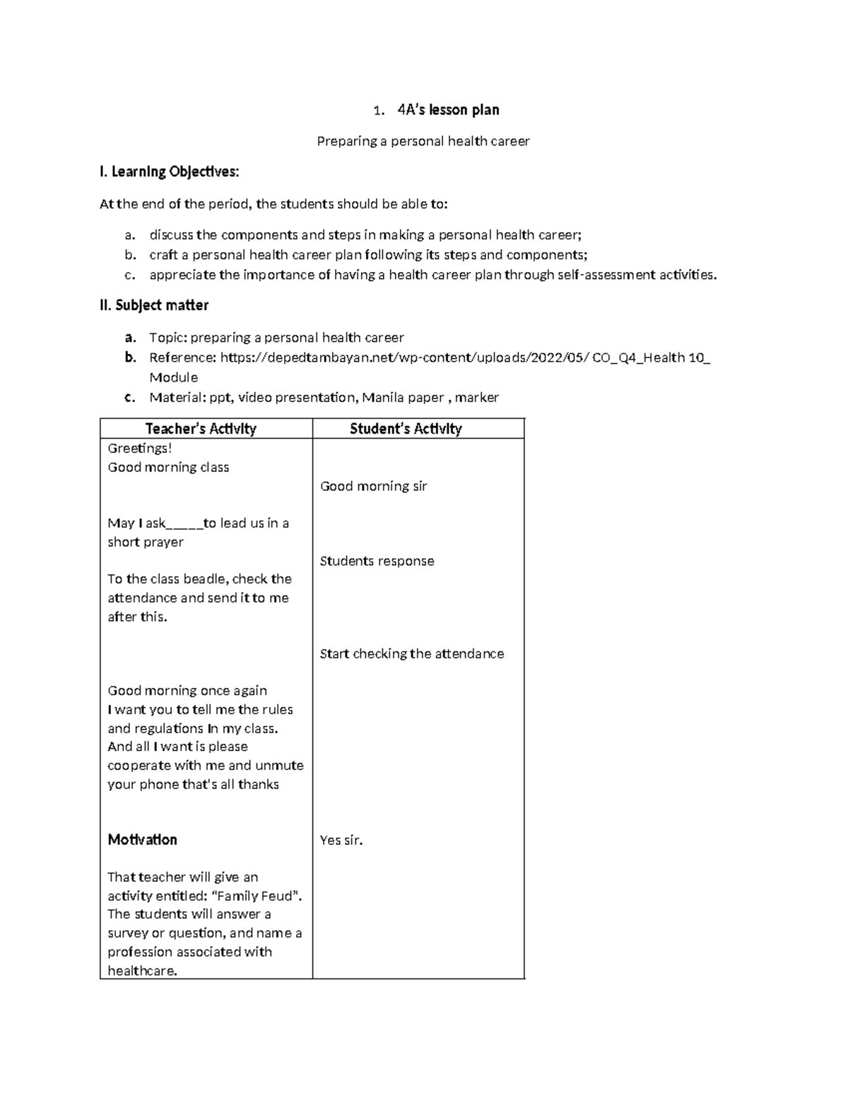 4A Health carlos - lesson plan - 4A’s lesson plan Preparing a personal ...