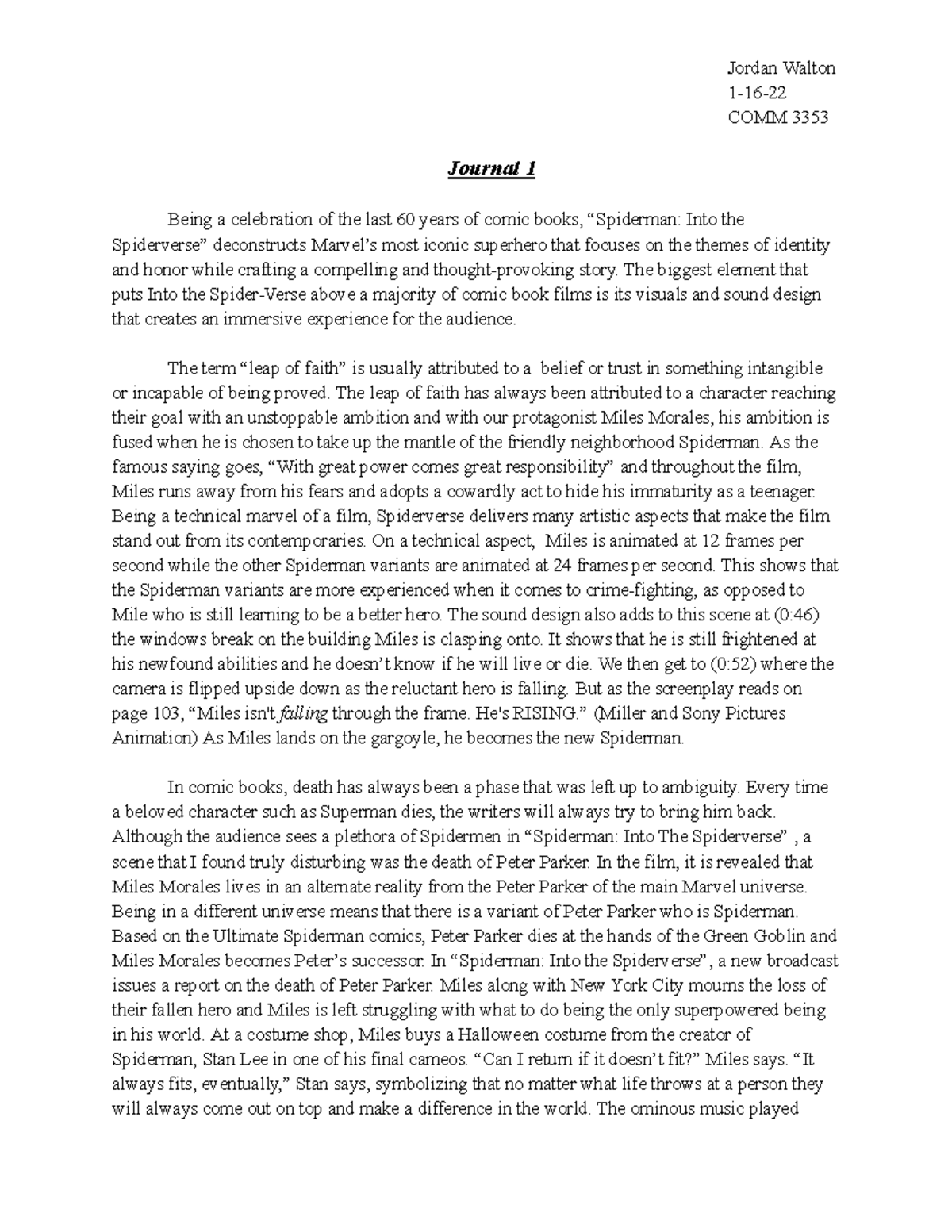 Journal 1 Fundamentals of Film Production - Jordan Walton 1-16- COMM ...