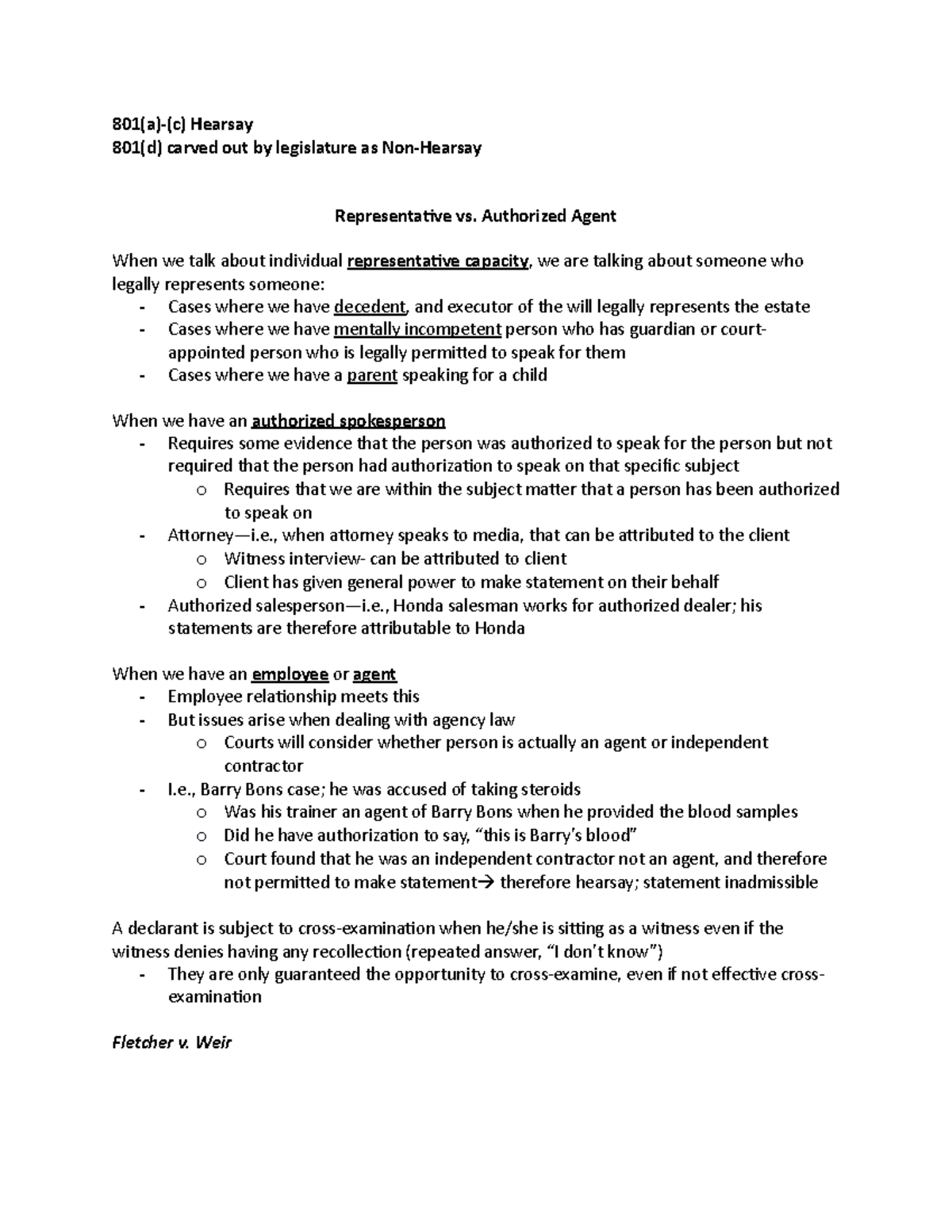 Evidence (10:17) - 801(a)-(c) Hearsay 801(d) carved out by legislature ...