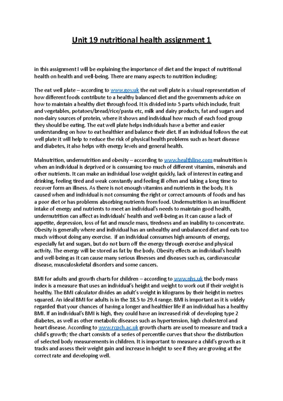 Unit 19 task 1 bella - Unit 19 nutritional health assignment 1 in this ...