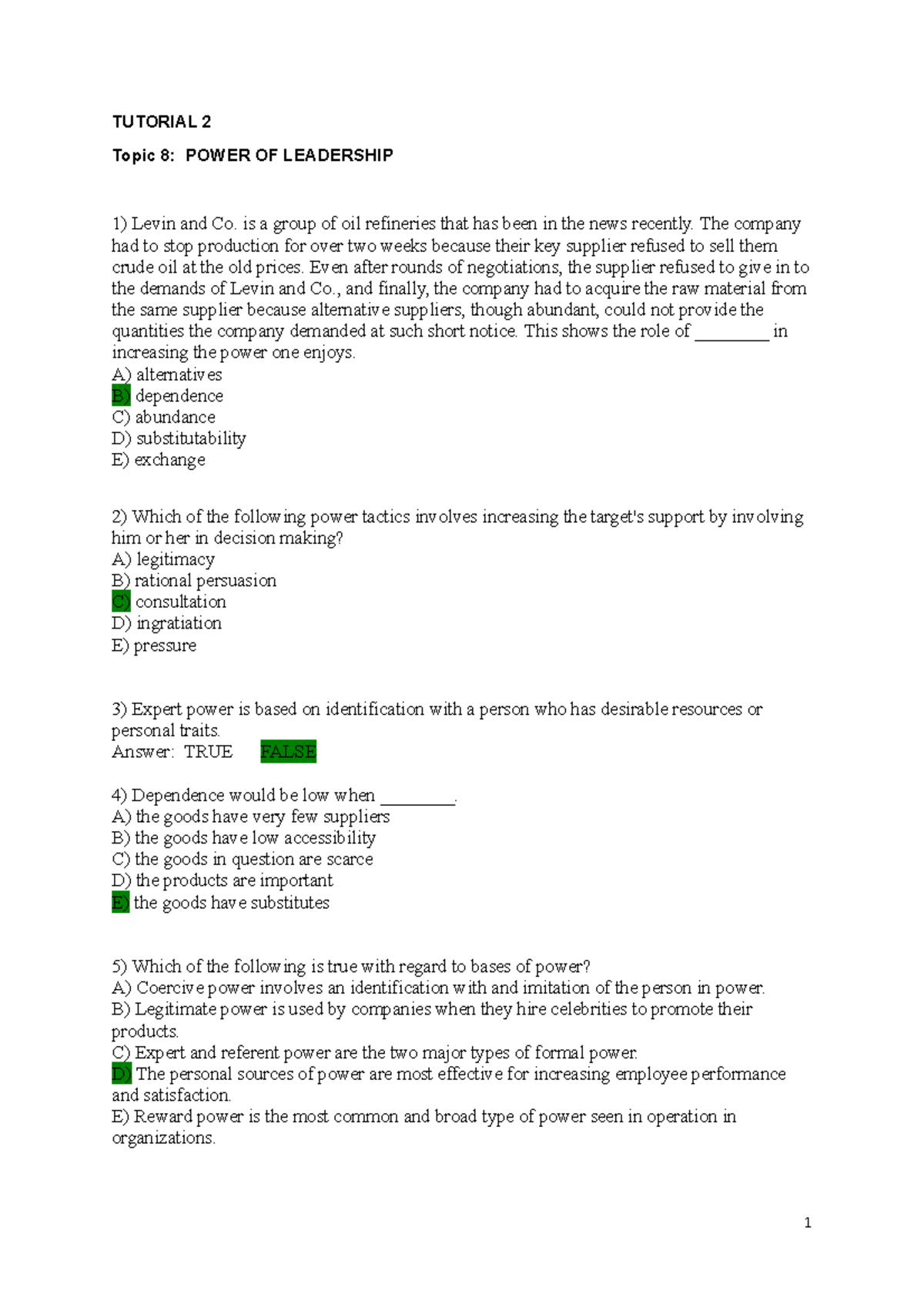 Tutorial 2 Power of Leadership Questions - TUTORIAL 2 Topic 8: POWER OF ...