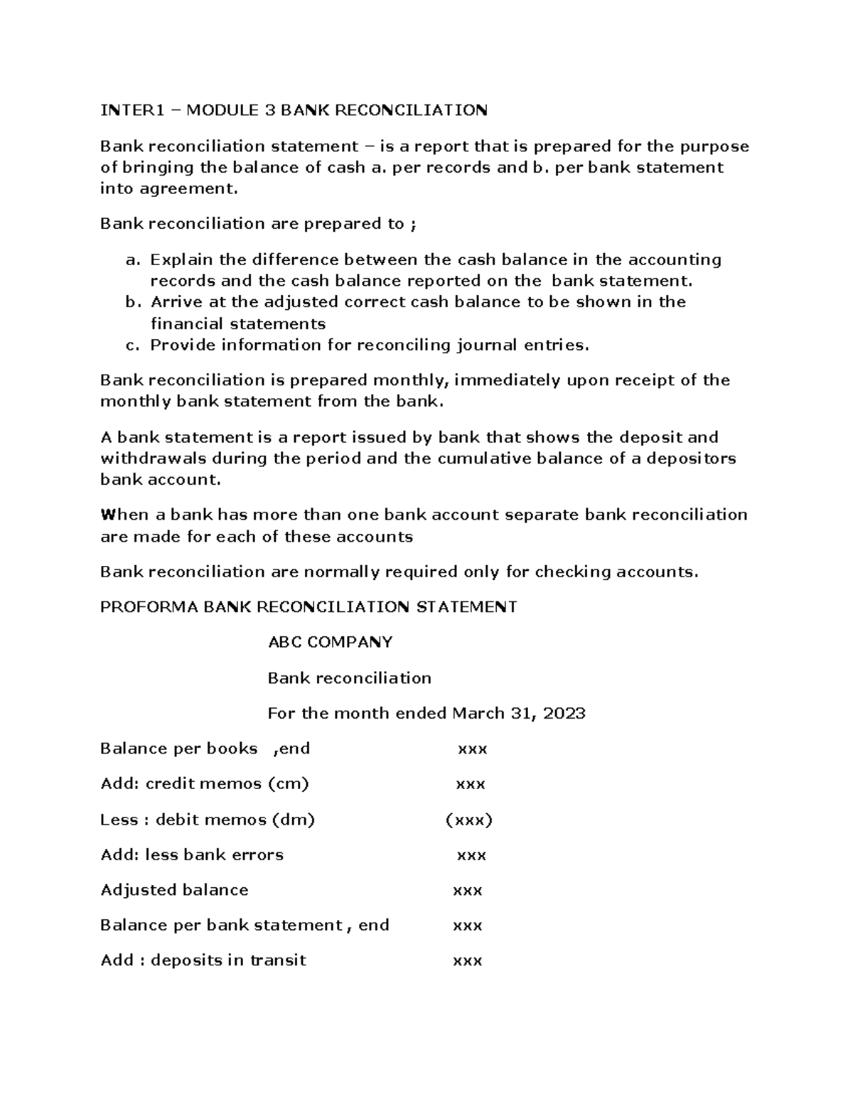 Inter 1-BANK- Reconciliation - INTER1 – MODULE 3 BANK RECONCILIATION ...