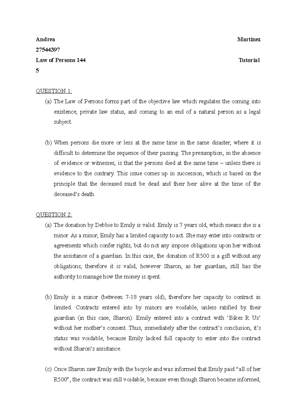 Tutorial 5 Law of Persons - Andrea Martinez 27544397 Law of Persons 144 ...