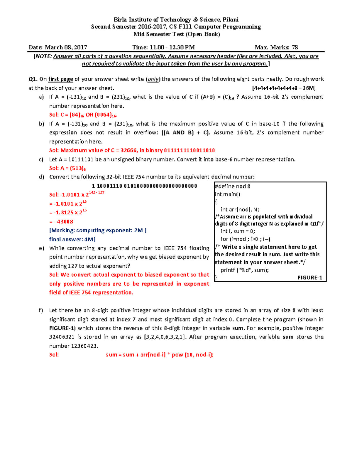 CP mid sem 2016-17 - CP mid sem - Computer Programming - BITS Pilani - Studocu