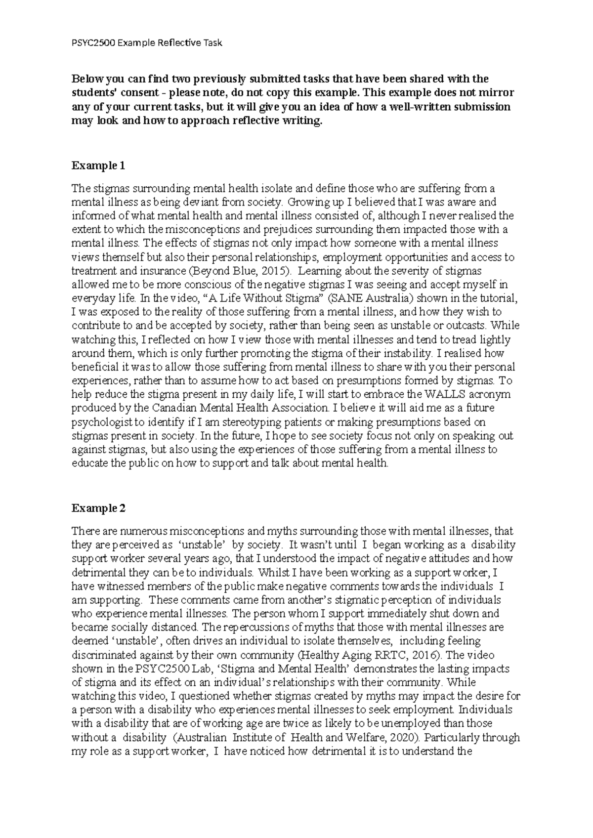PSYC2500 Example Reflective Task - This example does not mirror any of ...