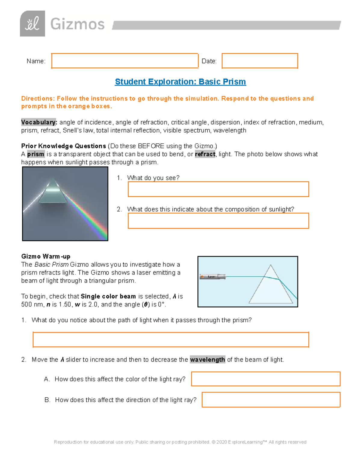 Copy of Basic Prism SE - gizmo copy - Name: Date: Student Exploration: Basic Prism Directions ...