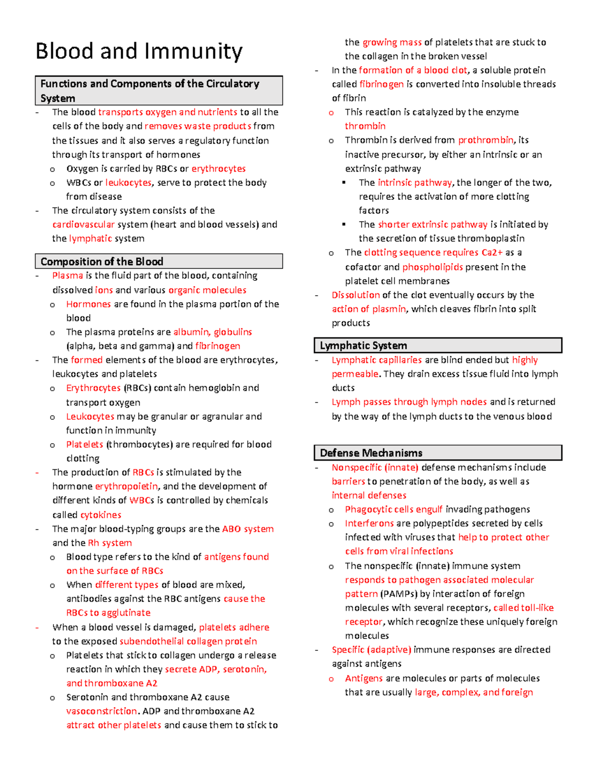 Biom3200 Immunology, Cardiology notes - Blood and Immunity Functions ...