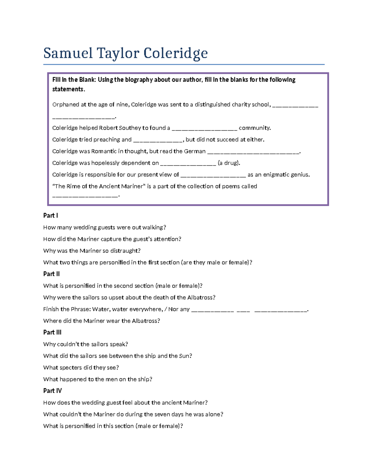 The Rimeofthe Ancient Mariner Reading Guide - Samuel Taylor Coleridge ...