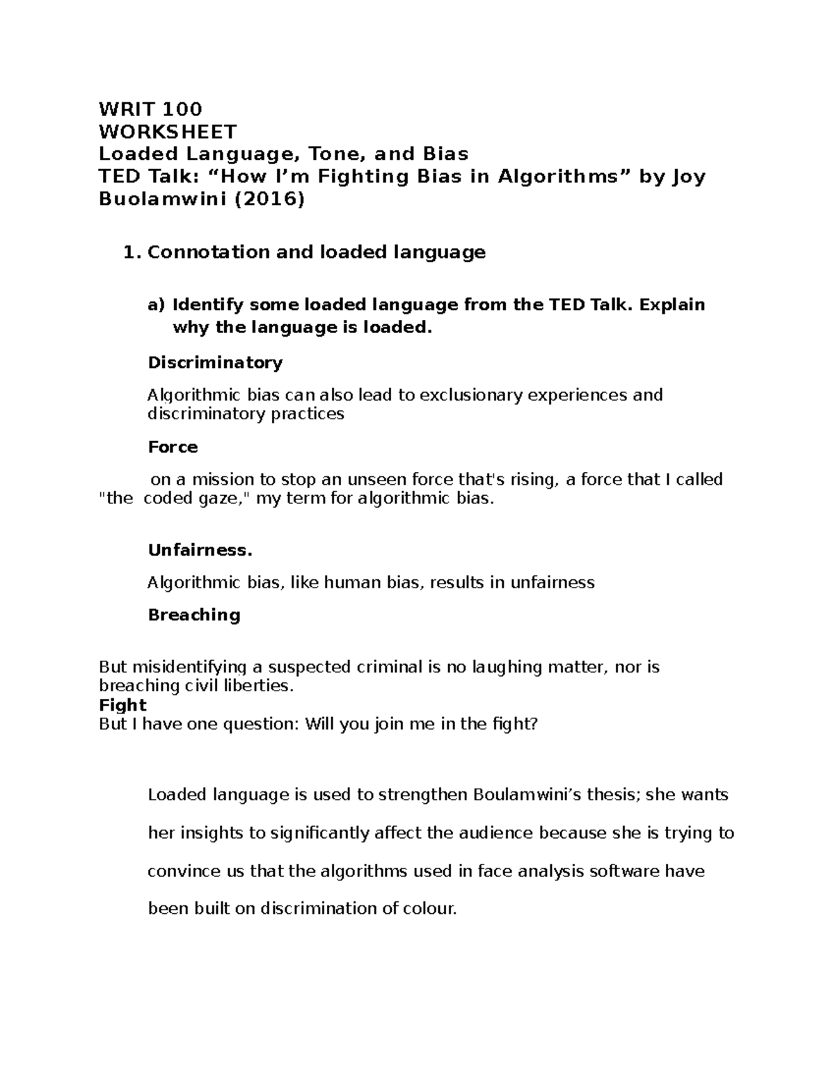 5 - Worksheet - Loaded Language & Tone & Bias-2 - WRIT 100 WORKSHEET ...