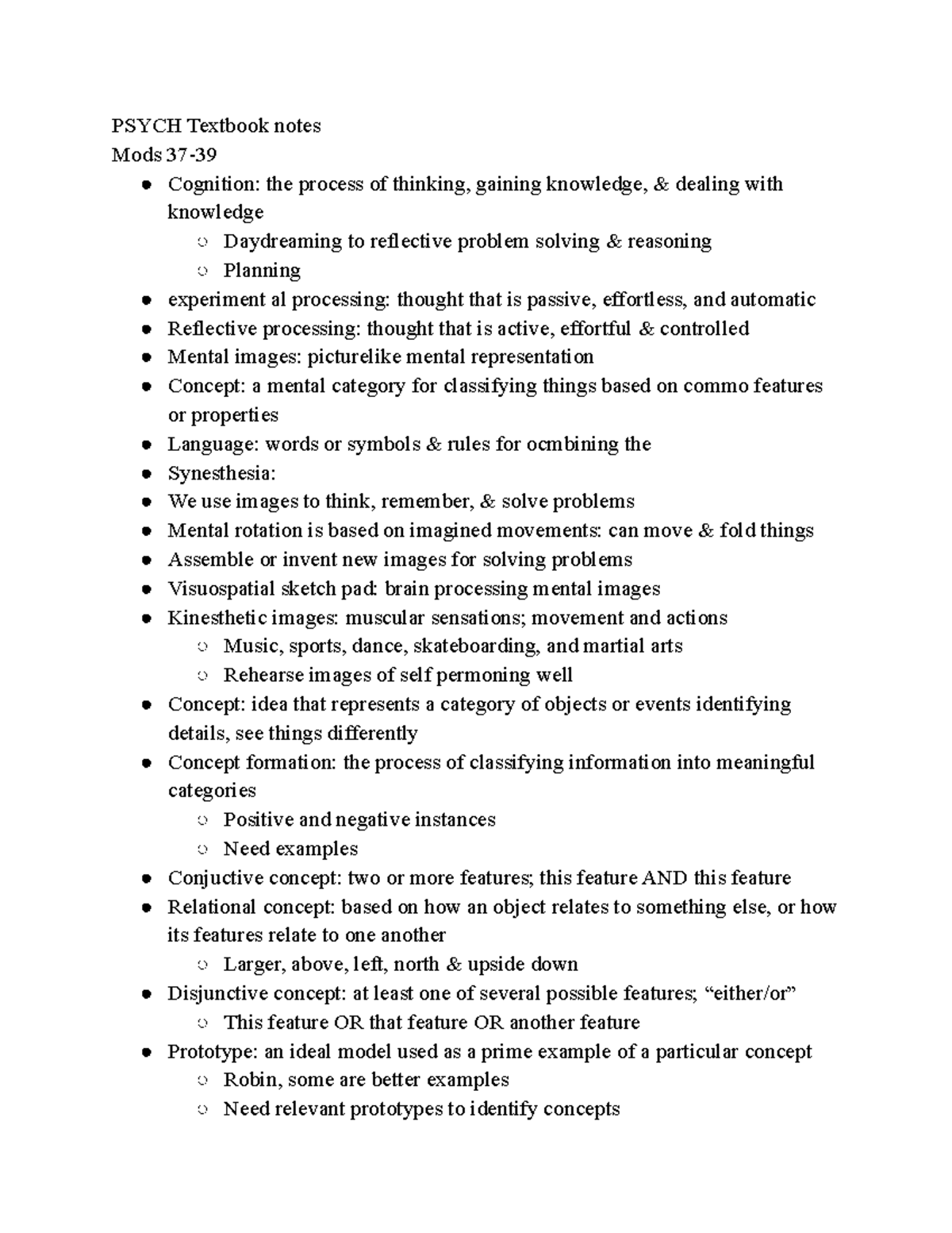 Intro to Psych textbook notes - PSYCH Textbook notes Mods 37- Cognition ...