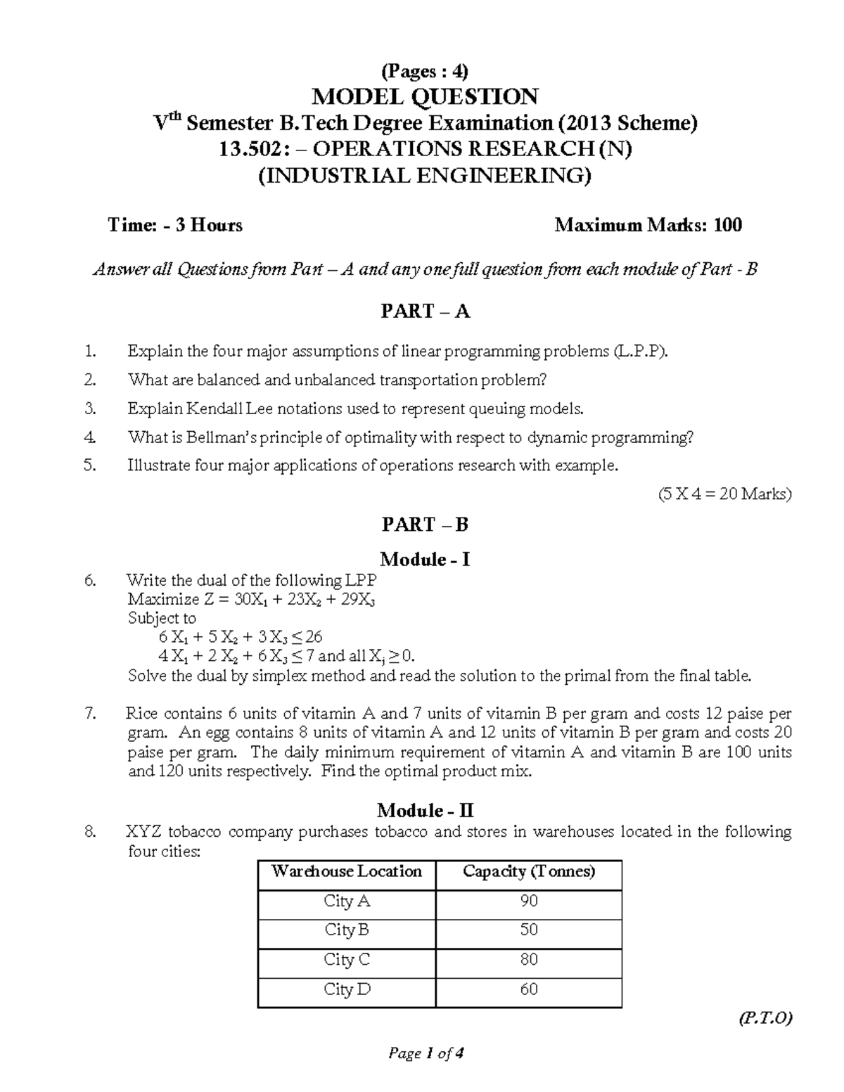Industrial Engineering 2013 - (Pages : 4) MODEL QUESTION V th Semester ...