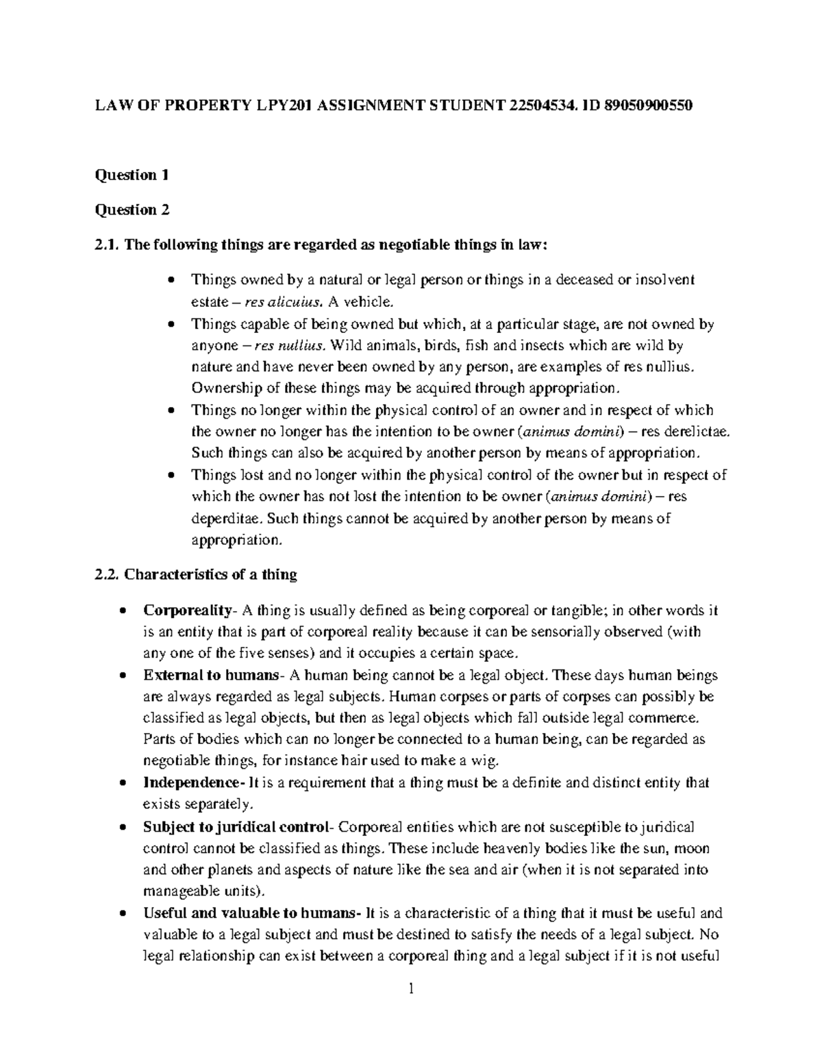LPY201 Assignment 2023 - 1 LAW OF PROPERTY LPY201 ASSIGNMENT STUDENT 22504534. ID 89050900550 ...