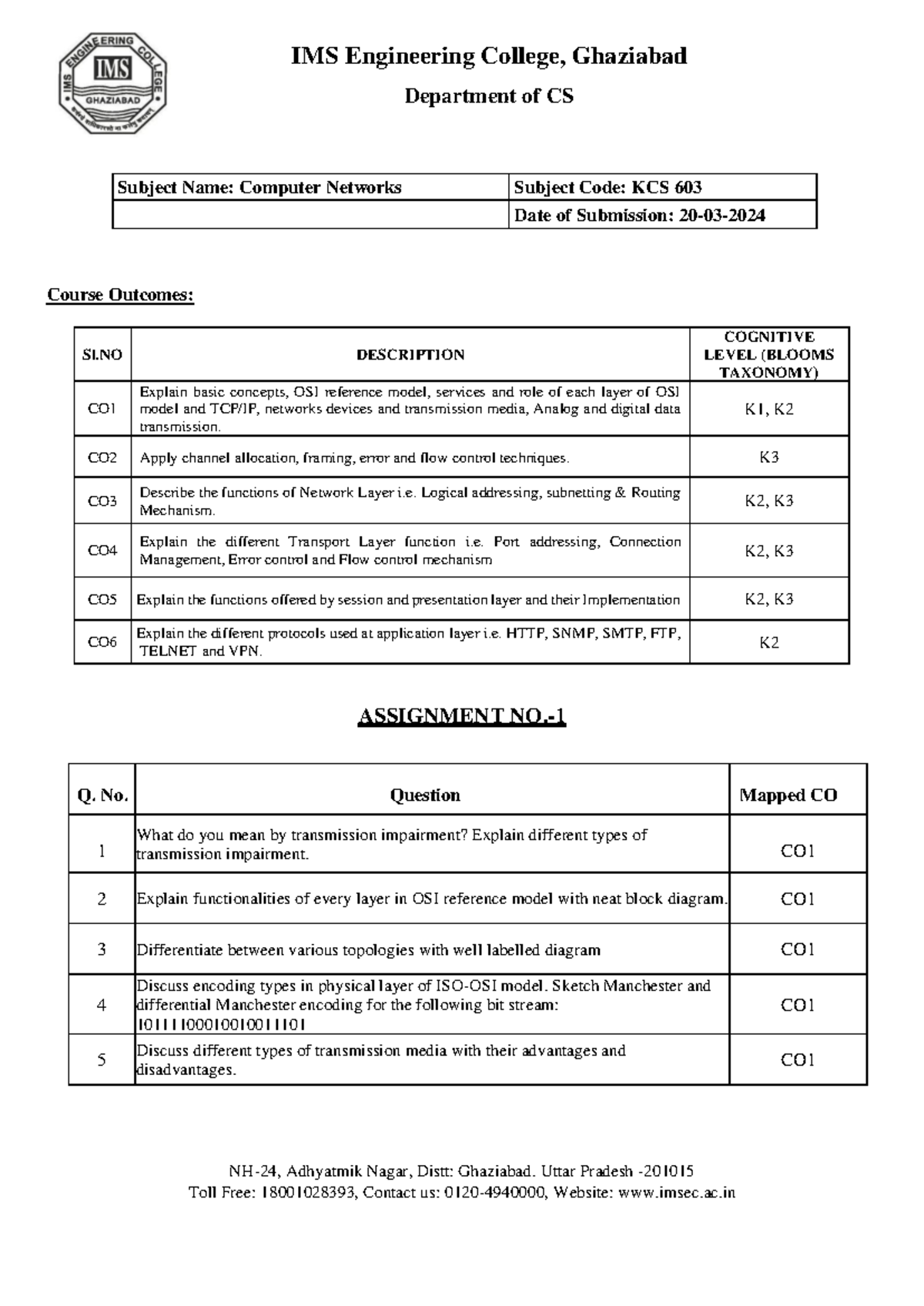 Assignment No.1 CN KCS 603 - IMS Engineering College, Ghaziabad Department of CS Subject Name ...