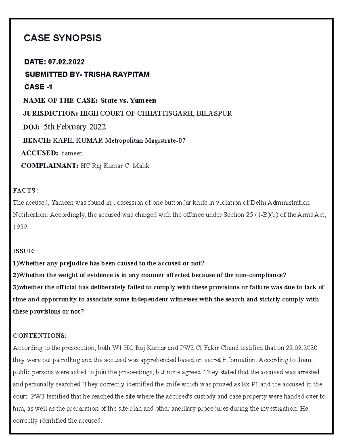 CASE Synopsis- Trisha Raypitam - 07 - CASE SYNOPSIS DATE: 07. SUBMITTED ...