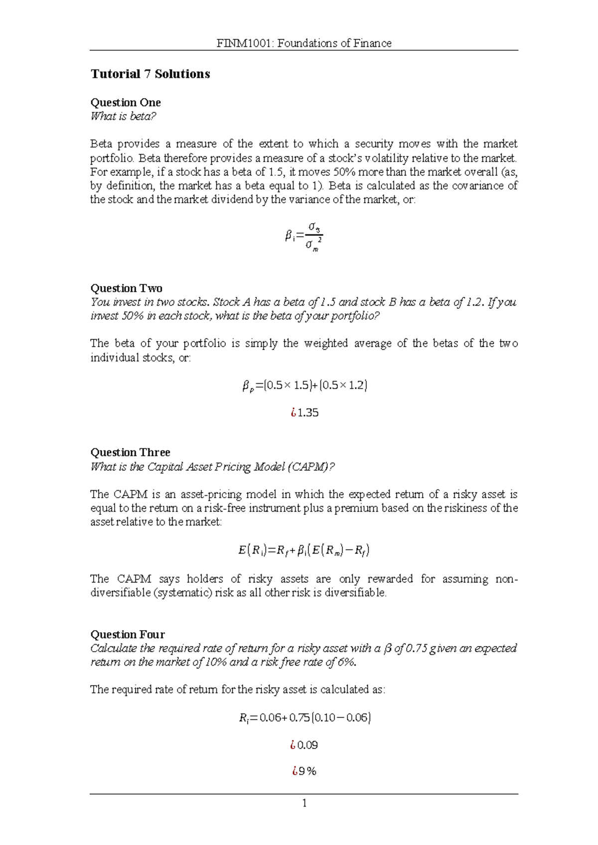 Tutorial 7 Solutions - FINM1001: Foundations of Finance Tutorial 7 ...