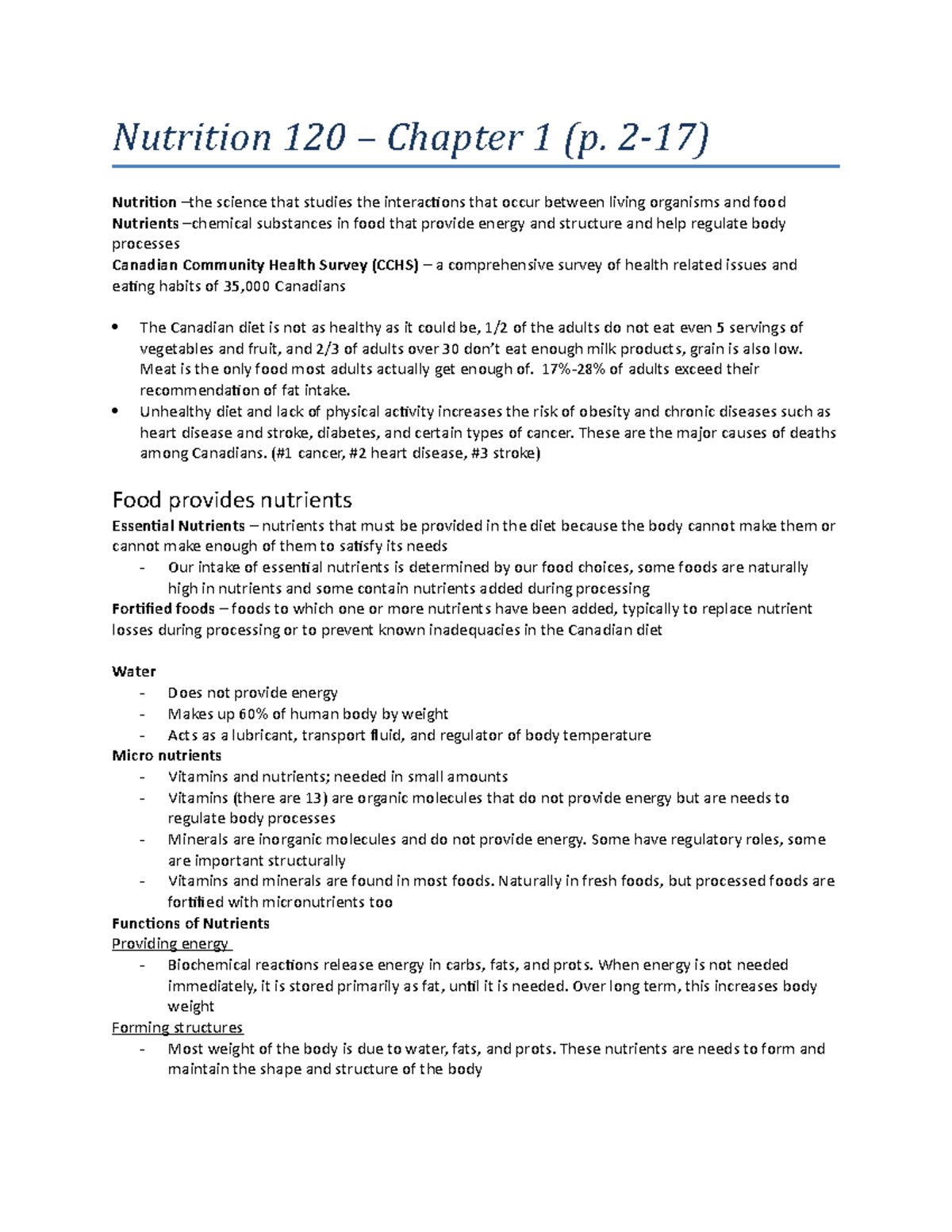 Summary - Chapter 1 - Nutrition 120 Chapter 1 (p. Nutrition science ...