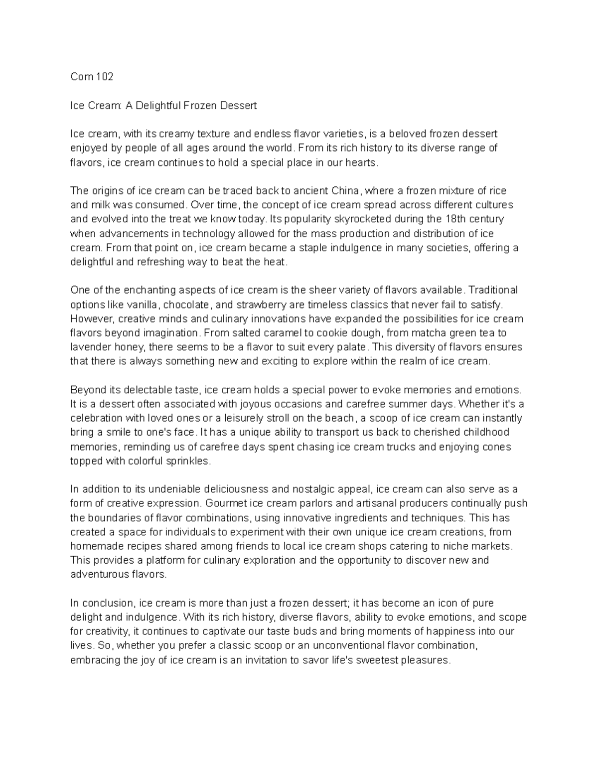Com 102 - Random essay - Write a randon esay. - Com 102 Ice Cream: A ...