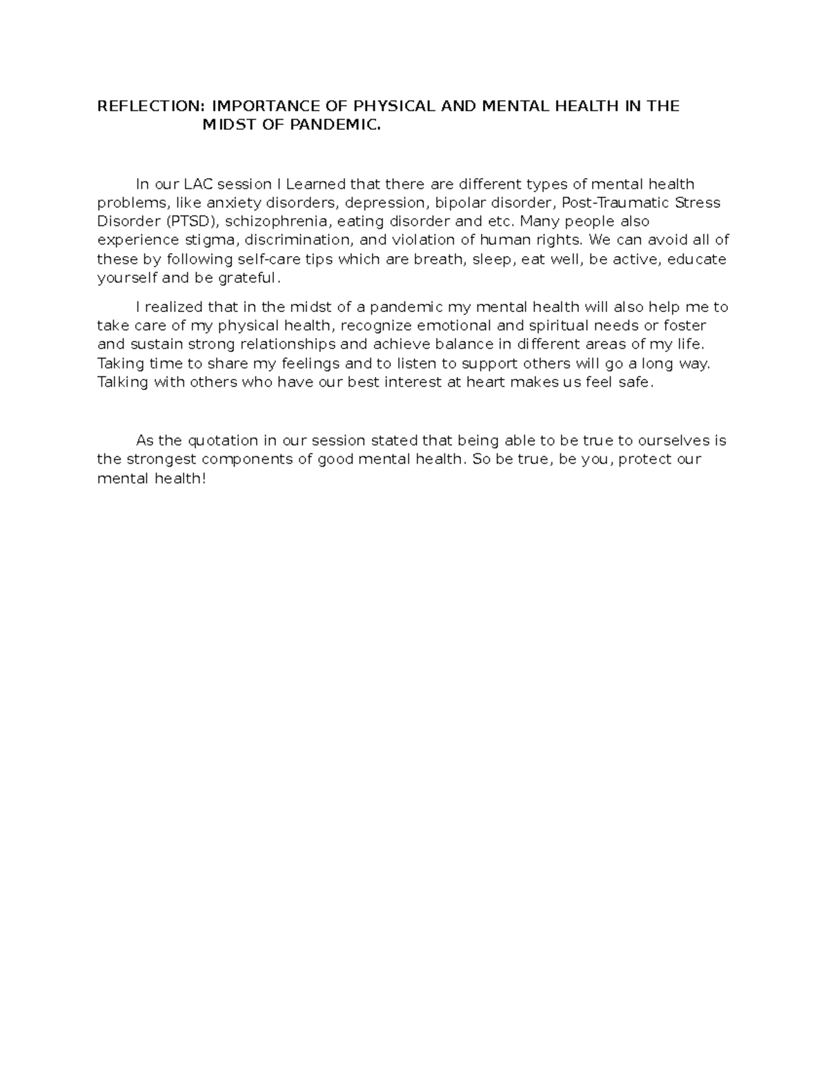 Reflection - N/A - REFLECTION: IMPORTANCE OF PHYSICAL AND MENTAL HEALTH ...